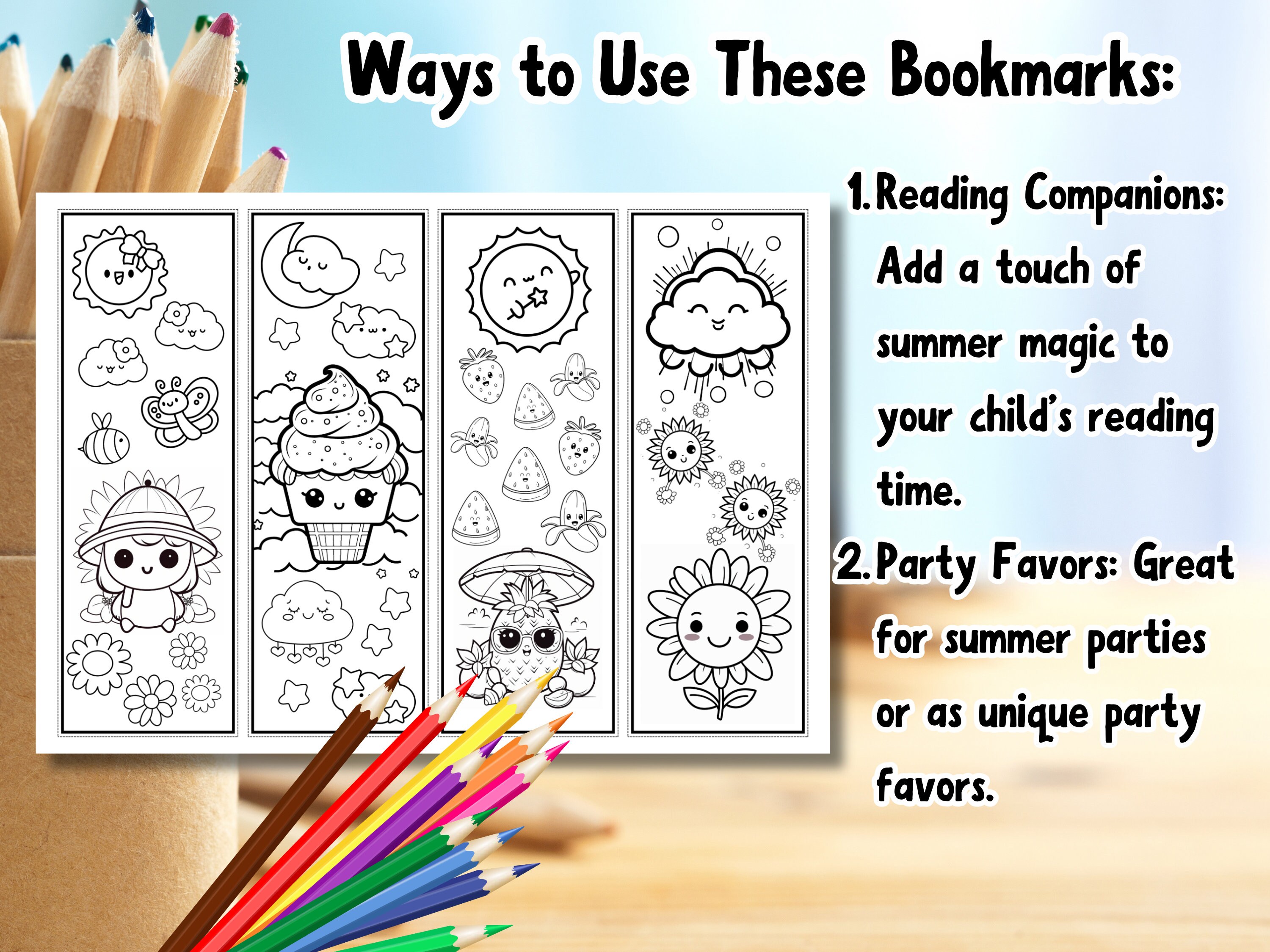 Printable Coloring Bookmarks, Kawaii Summer Theme, Fun and Creative DIY ...