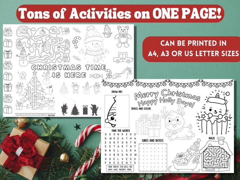 Christmas Printable Placemat for Kids, Coloring Activity Placemat Mazes ...