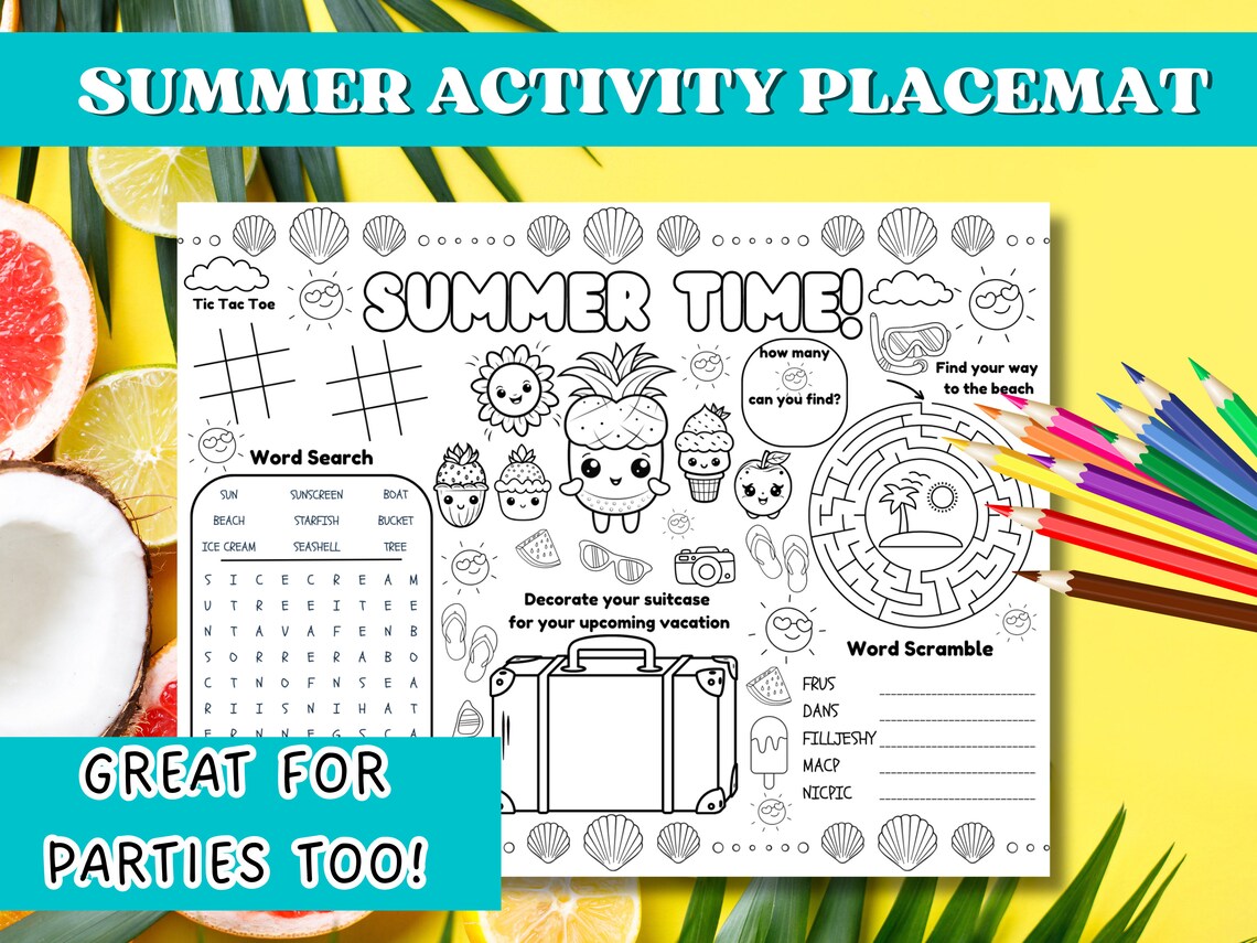 Summer Activity Placemat, Printable Summer Coloring Page, School ...