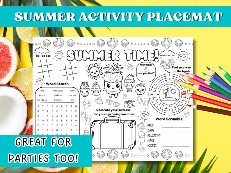 Summer Activity Placemat, Printable Summer Coloring Page, School ...