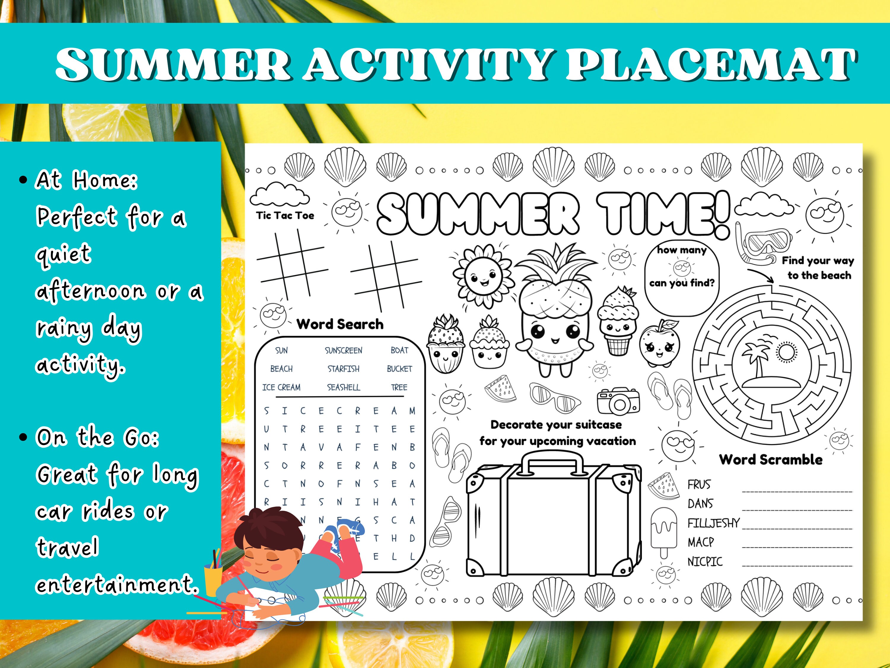 Summer Activity Placemat, Printable Summer Coloring Page, School ...