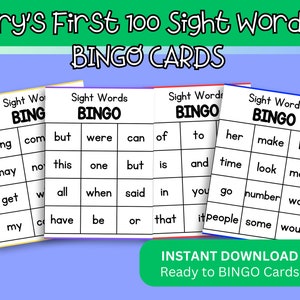 Sight Words Bingo Game, Fry’s First 100 Words, Kindergarten First ...