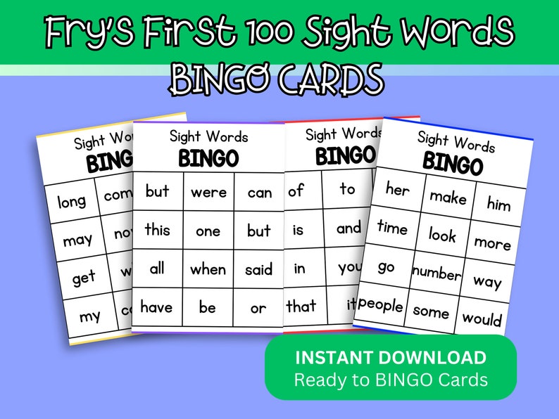 Sight Words Bingo Game, Fry’s First 100 Words, Kindergarten First ...