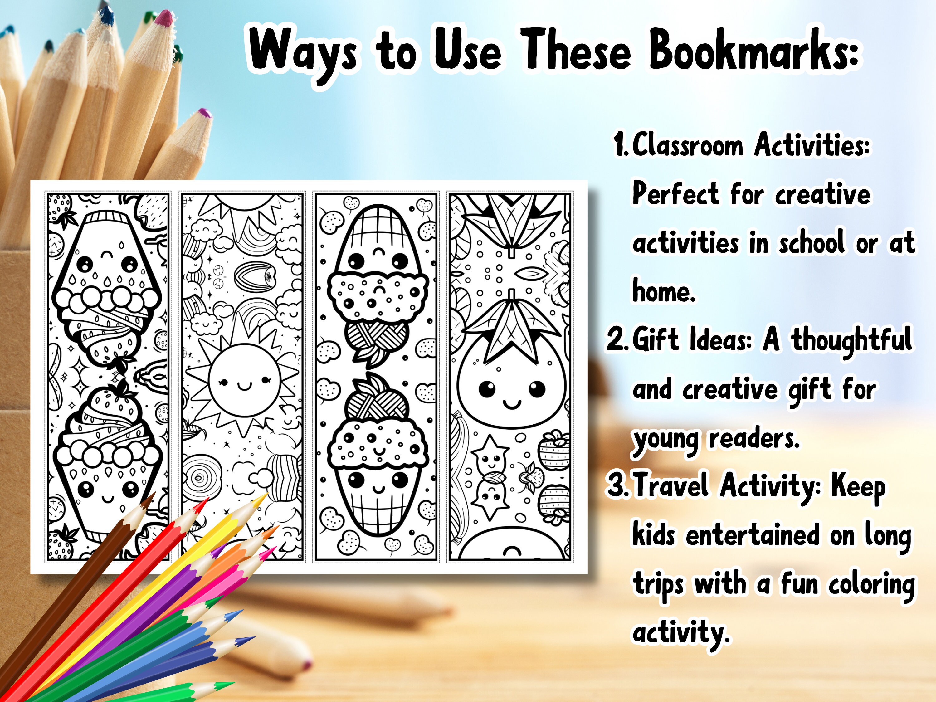 Printable Coloring Bookmarks, Kawaii Summer Theme, Fun and Creative DIY ...