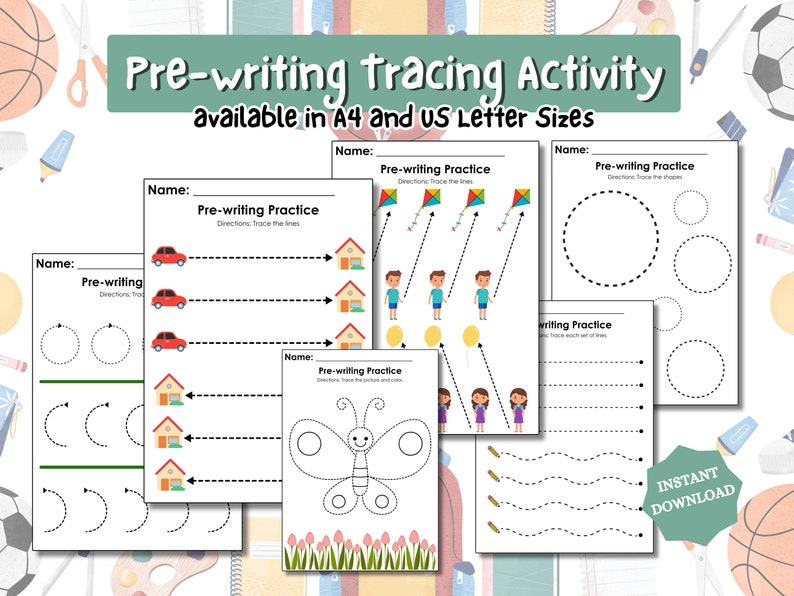 Handwriting Practice Tracing Worksheets for Kids, Pre-writing Lines ...