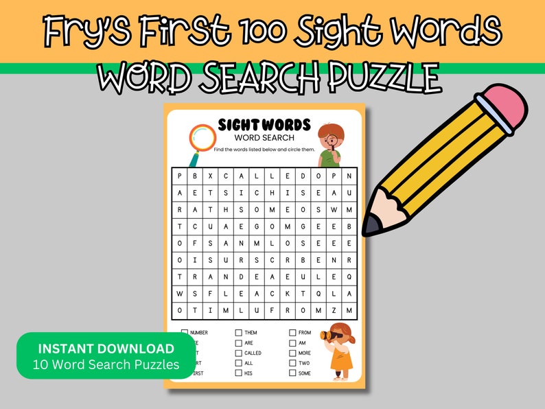 Word Search Puzzle for Kids, Fry's First 100 Sight Words, Printable ...