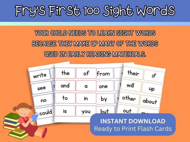 Sight Words Flash Cards, First 100 Fry's List Printable, High-frequency ...