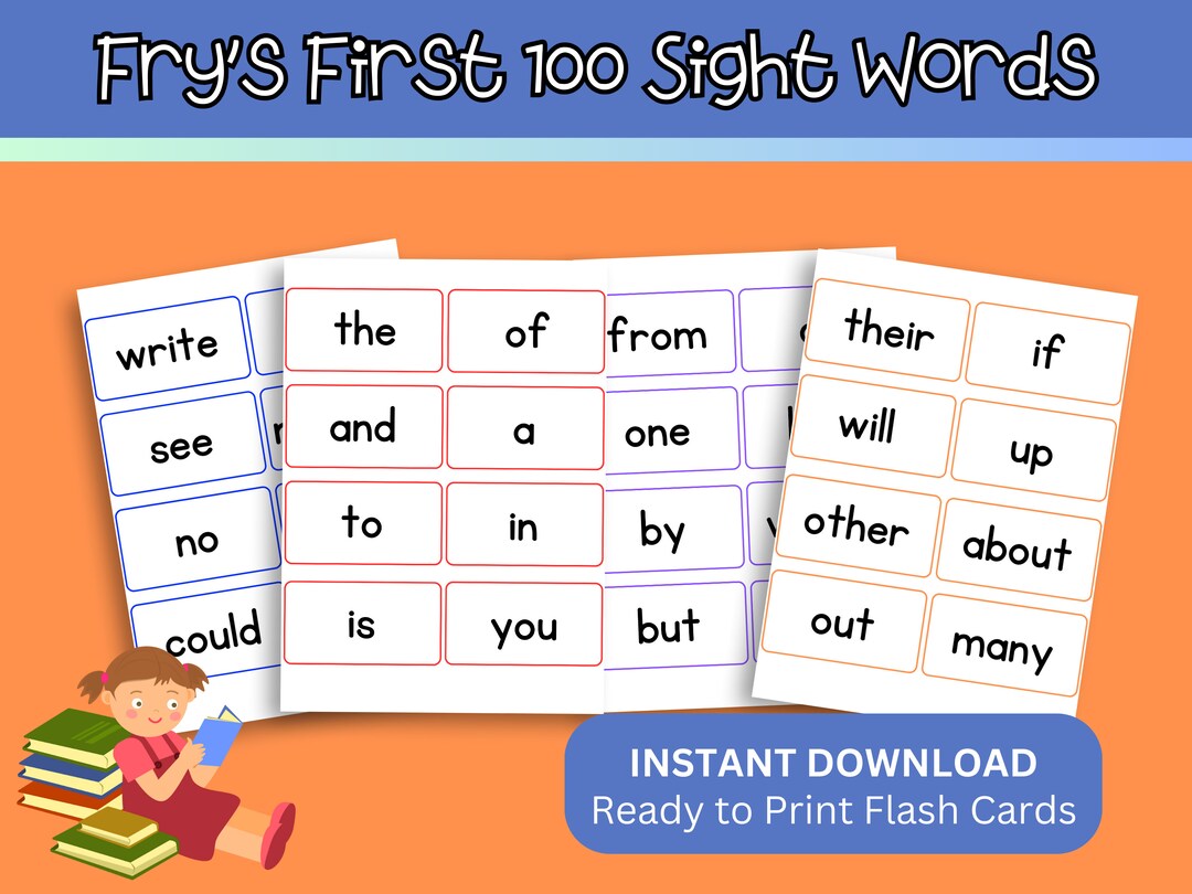 Sight Words Flash Cards, First 100 Fry's List Printable, High-frequency ...