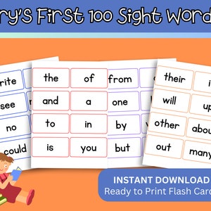 Sight Words Flash Cards, First 100 Fry's List Printable, High-frequency ...