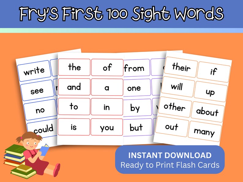 Sight Words Flash Cards, First 100 Fry's List Printable, High-frequency ...