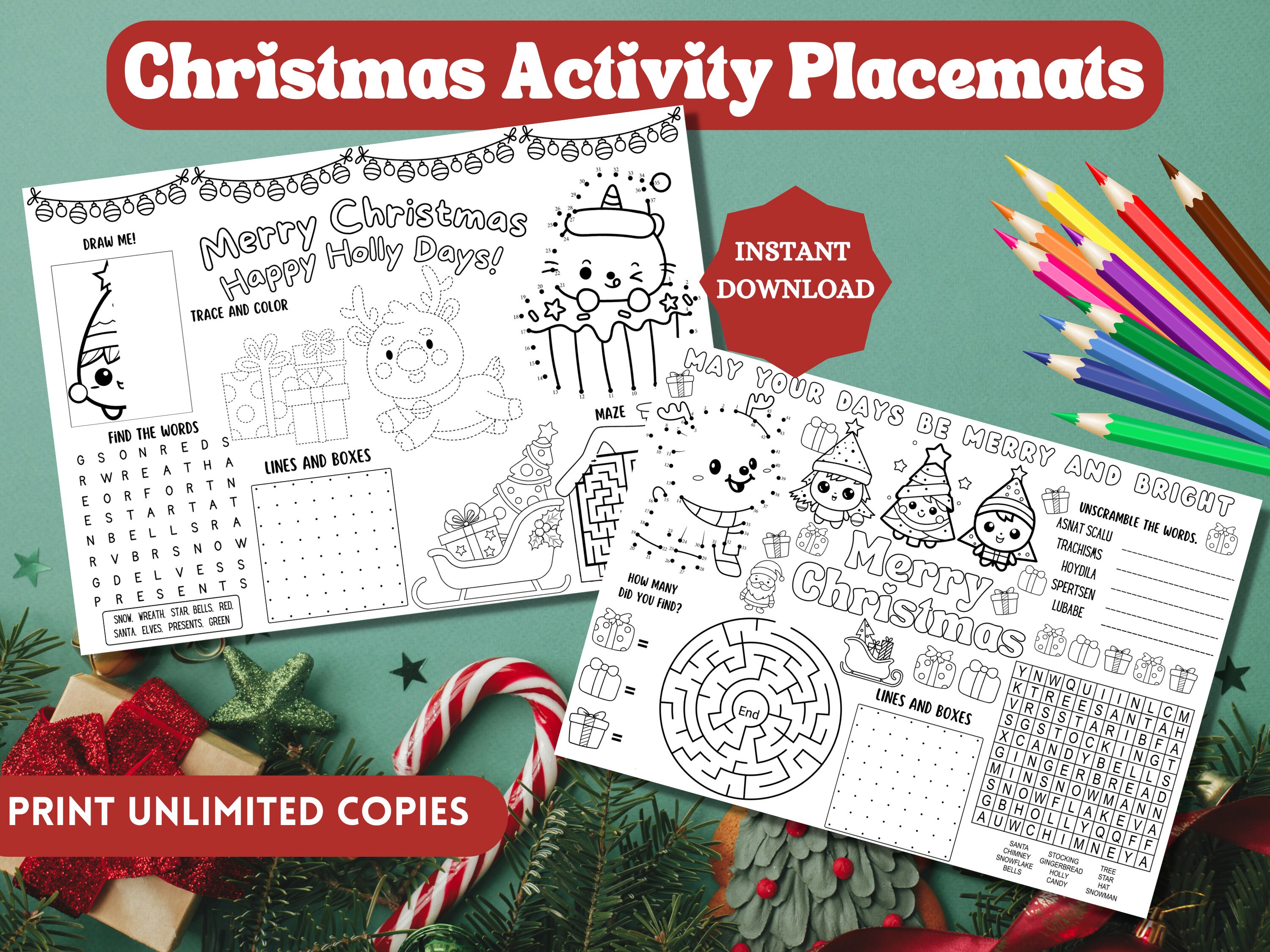 Christmas Printable Placemat for Kids, Coloring Activity Placemat Mazes ...