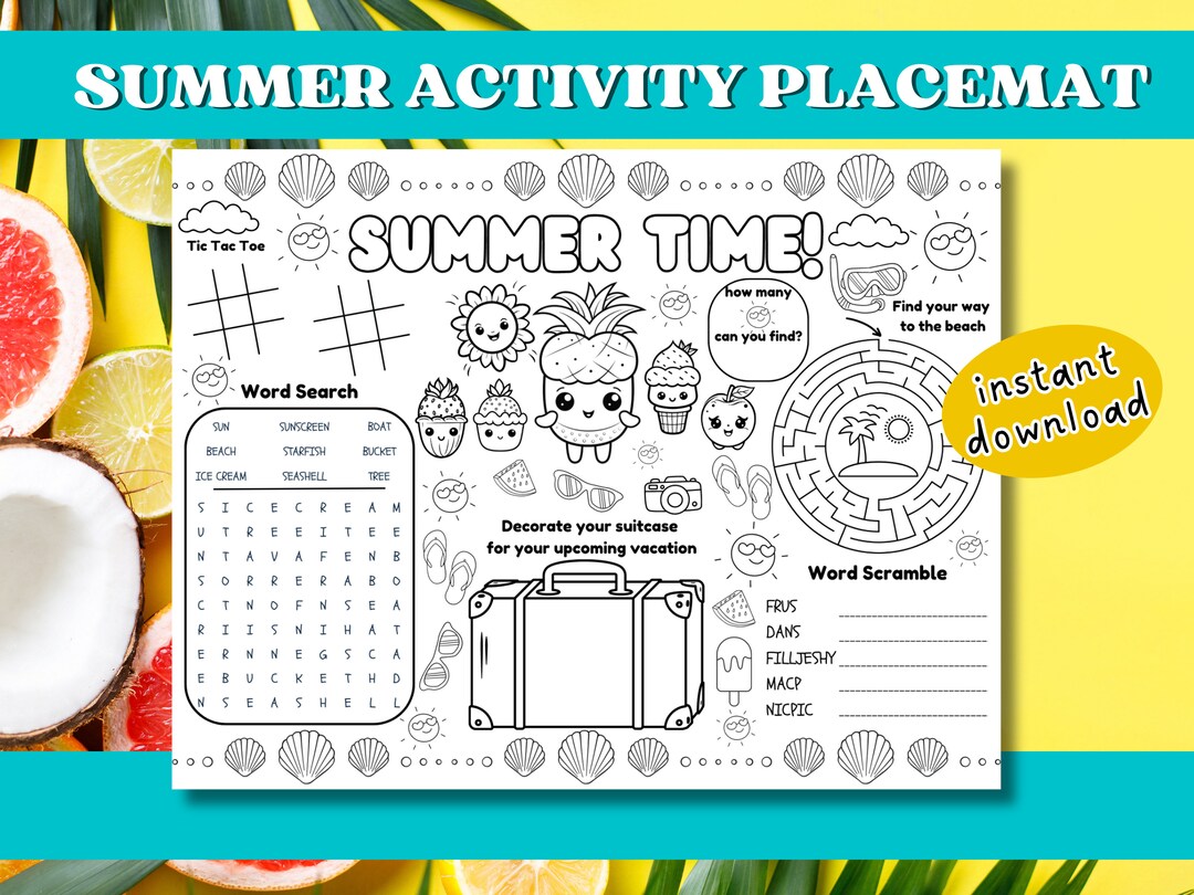 Summer Activity Placemat, Printable Summer Coloring Page, School ...