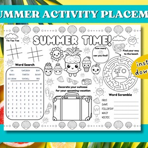 Summer Activity Placemat, Printable Summer Coloring Page, School ...