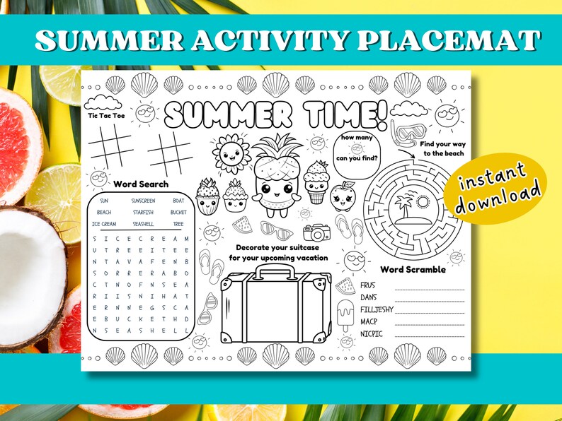 Summer Activity Placemat, Printable Summer Coloring Page, School ...