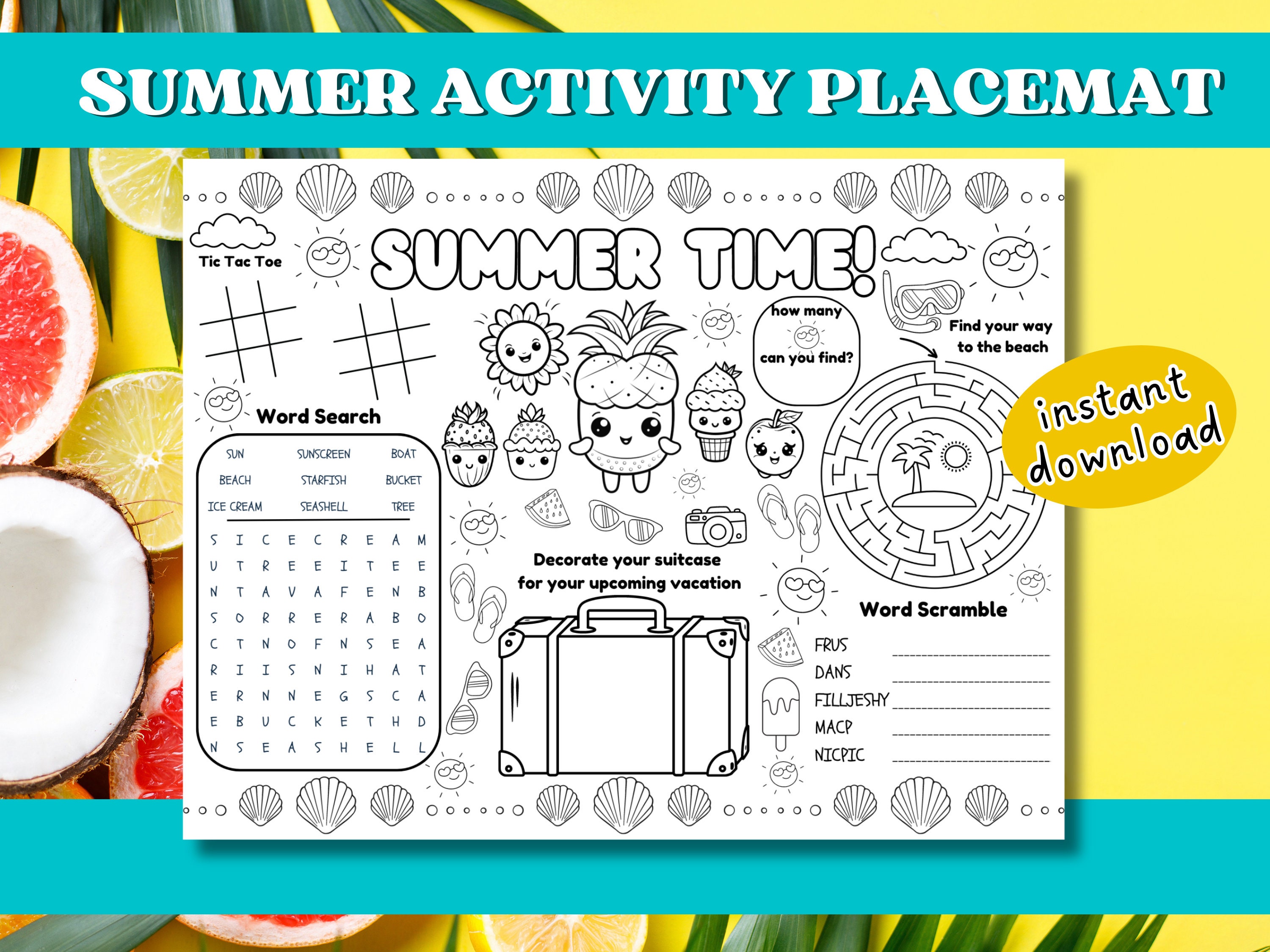 Summer Activity Placemat, Printable Summer Coloring Page, School ...