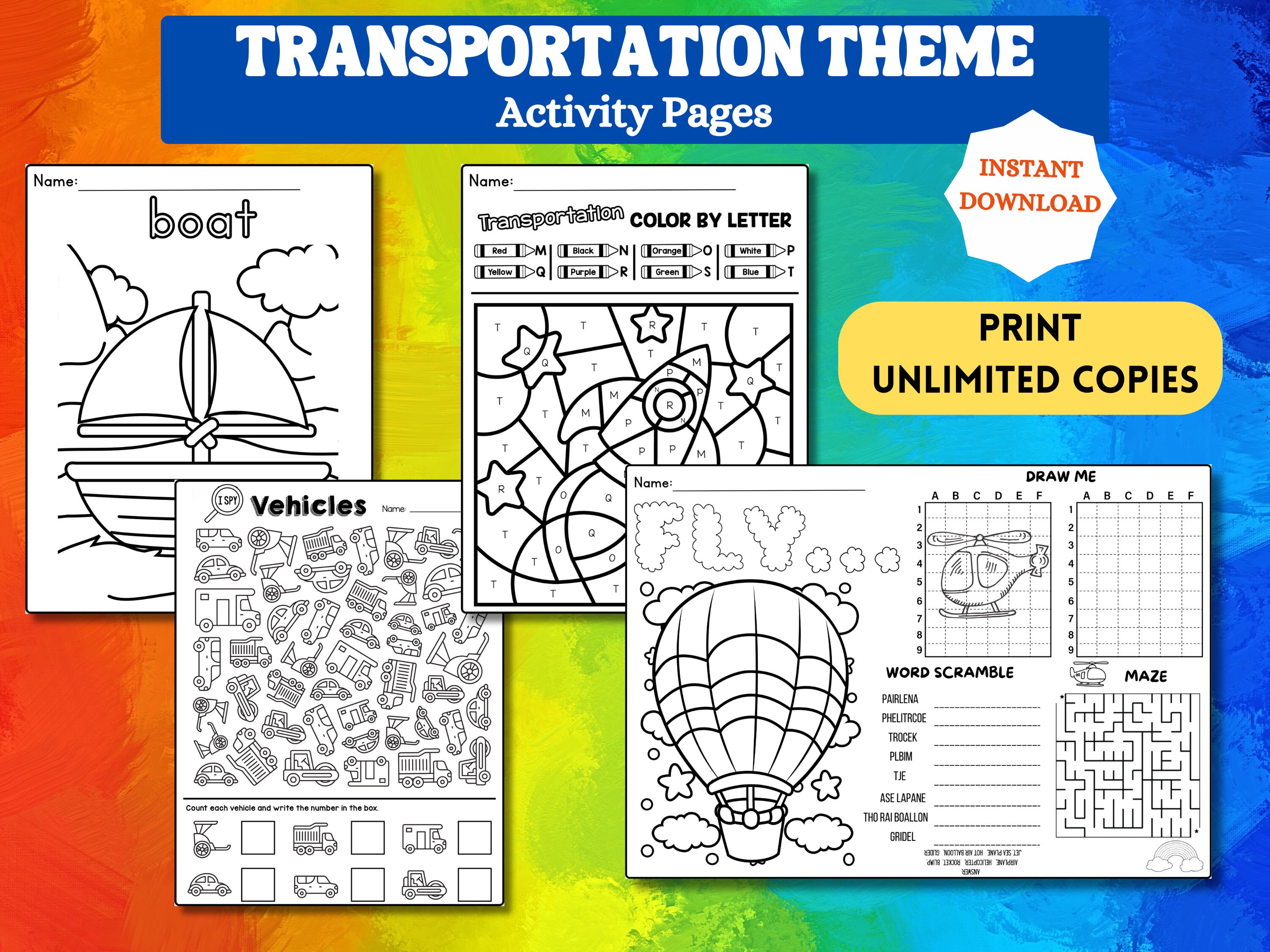 Transportation Activity Pages, Vehicles Coloring Sheet, Printable Cars ...