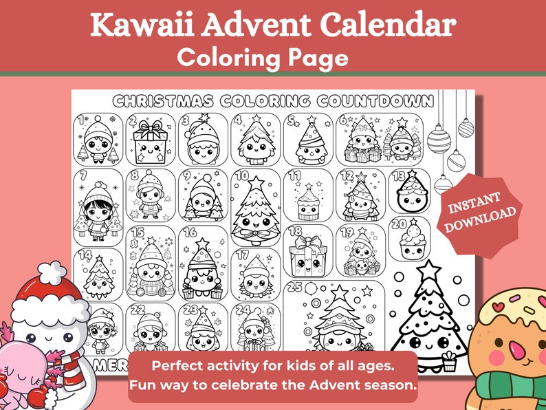 Advent Calendar Coloring Page, Christmas Kawaii Cute Countdown to ...