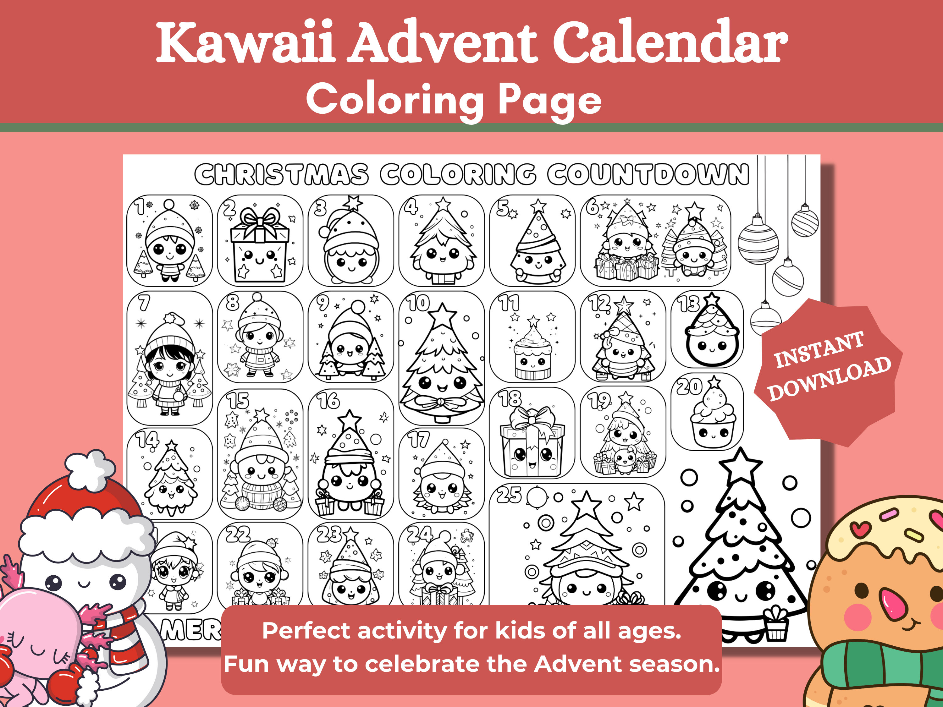 Advent Calendar Coloring Page Christmas Kawaii Cute Coloring - Etsy
