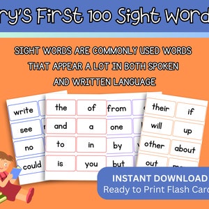 Sight Words Flash Cards, First 100 Fry's List Printable, High-frequency ...