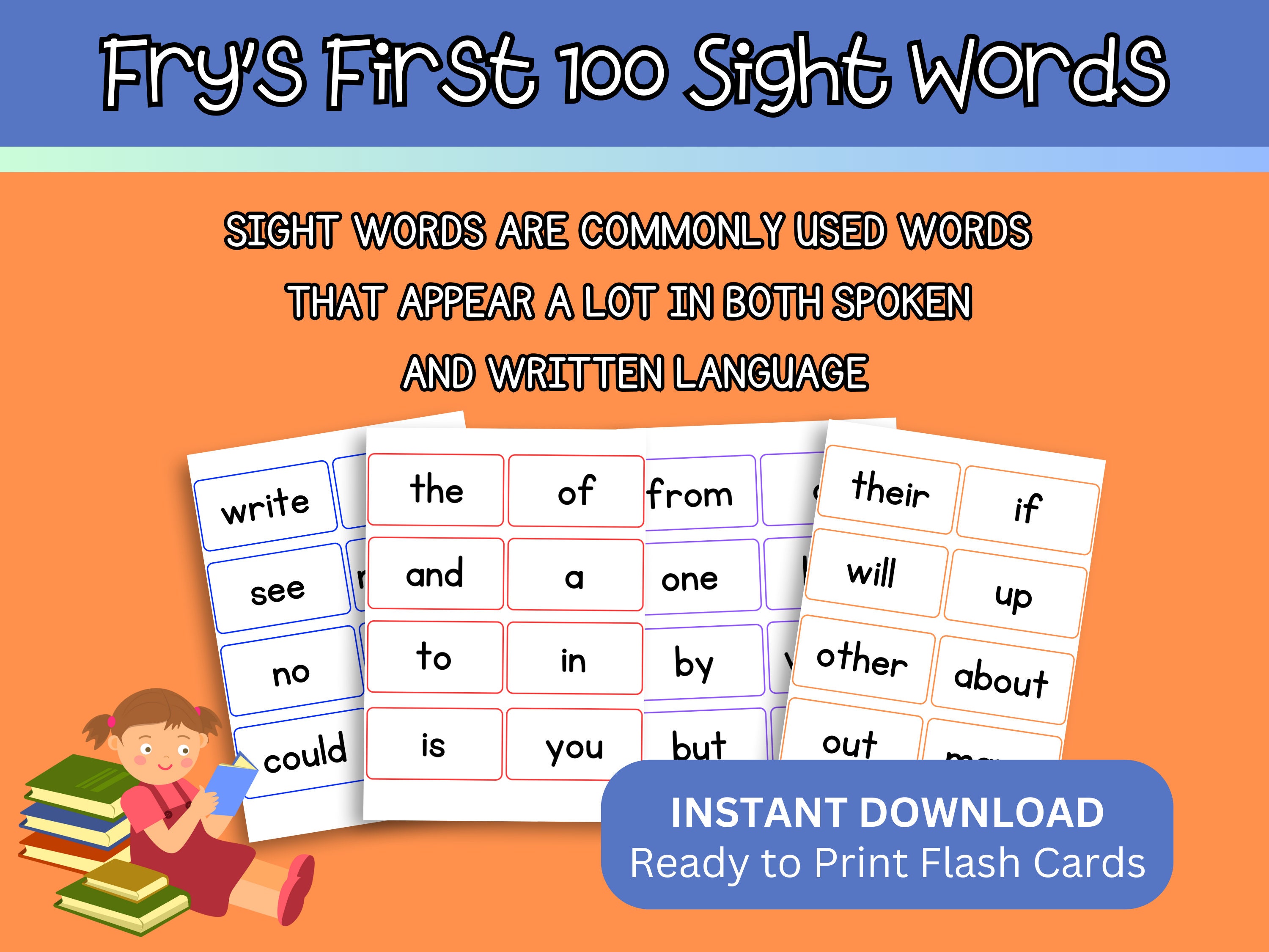 Sight Words Flash Cards, First 100 Fry's List Printable, High-frequency ...