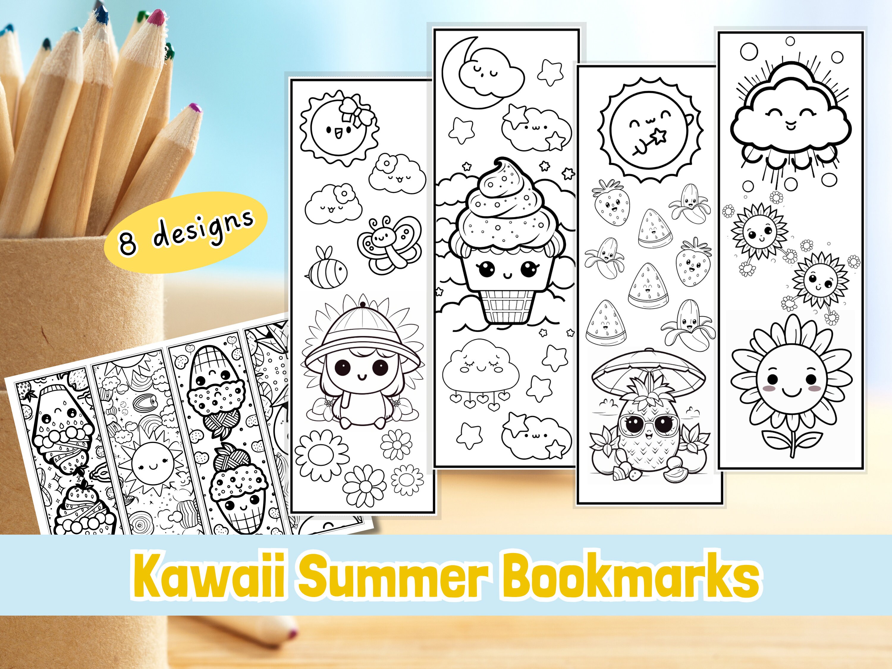 Printable Coloring Bookmarks, Kawaii Summer Theme, Fun and Creative DIY ...