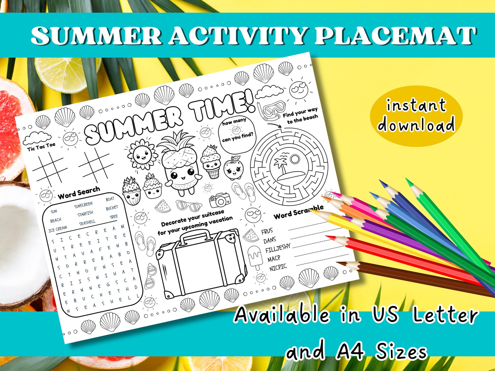 Summer Activity Placemat, Printable Summer Coloring Page, School ...