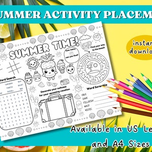 Summer Activity Placemat, Printable Summer Coloring Page, School ...