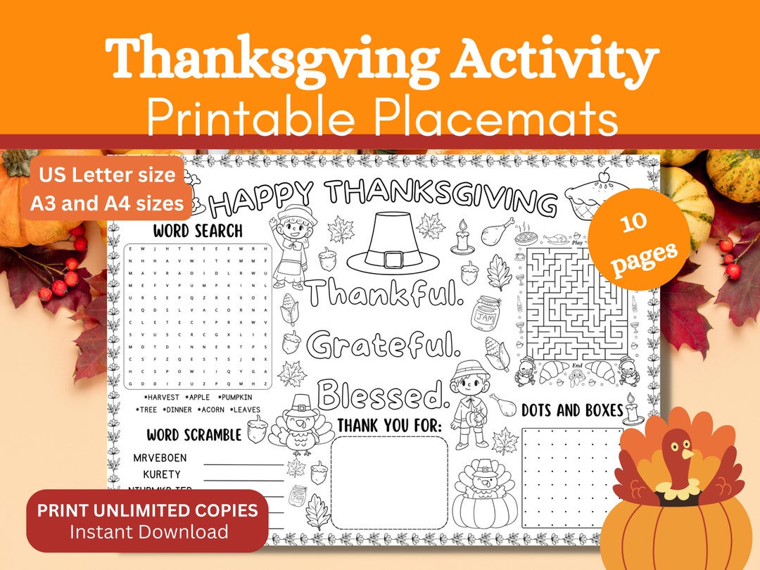 Thanksgiving Activity Placemat for Kids and Adults, Printable Dinner ...