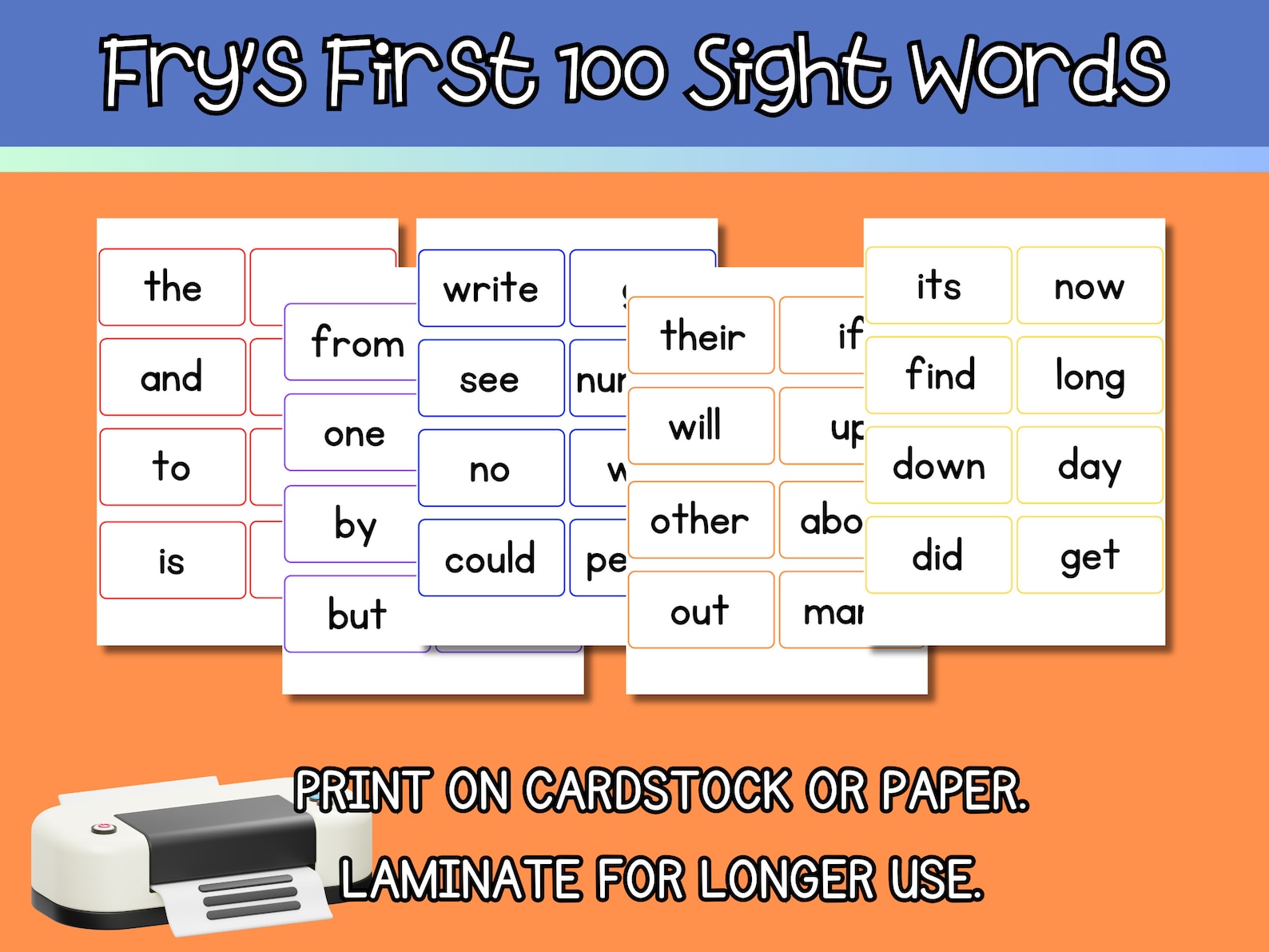 Sight Words Flash Cards, First 100 Fry's List Printable, High-frequency ...