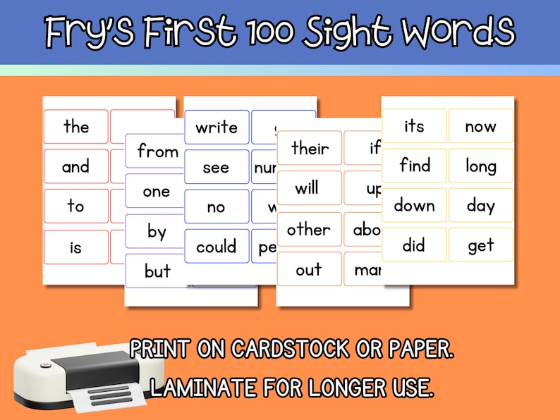 Sight Words Flash Cards, First 100 Fry's List Printable, High-frequency ...