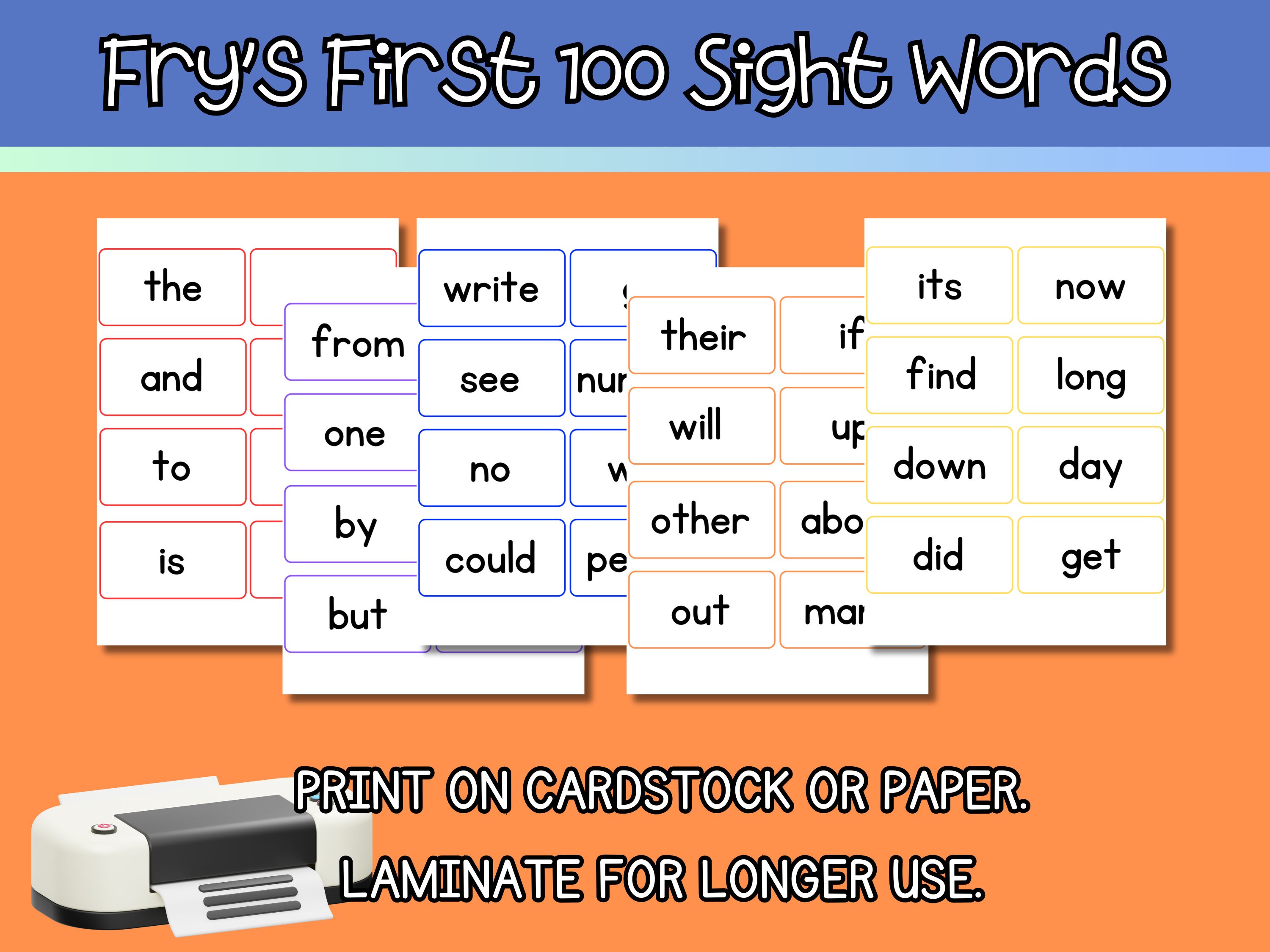 Sight Words Flash Cards, First 100 Fry's List Printable, High-frequency ...