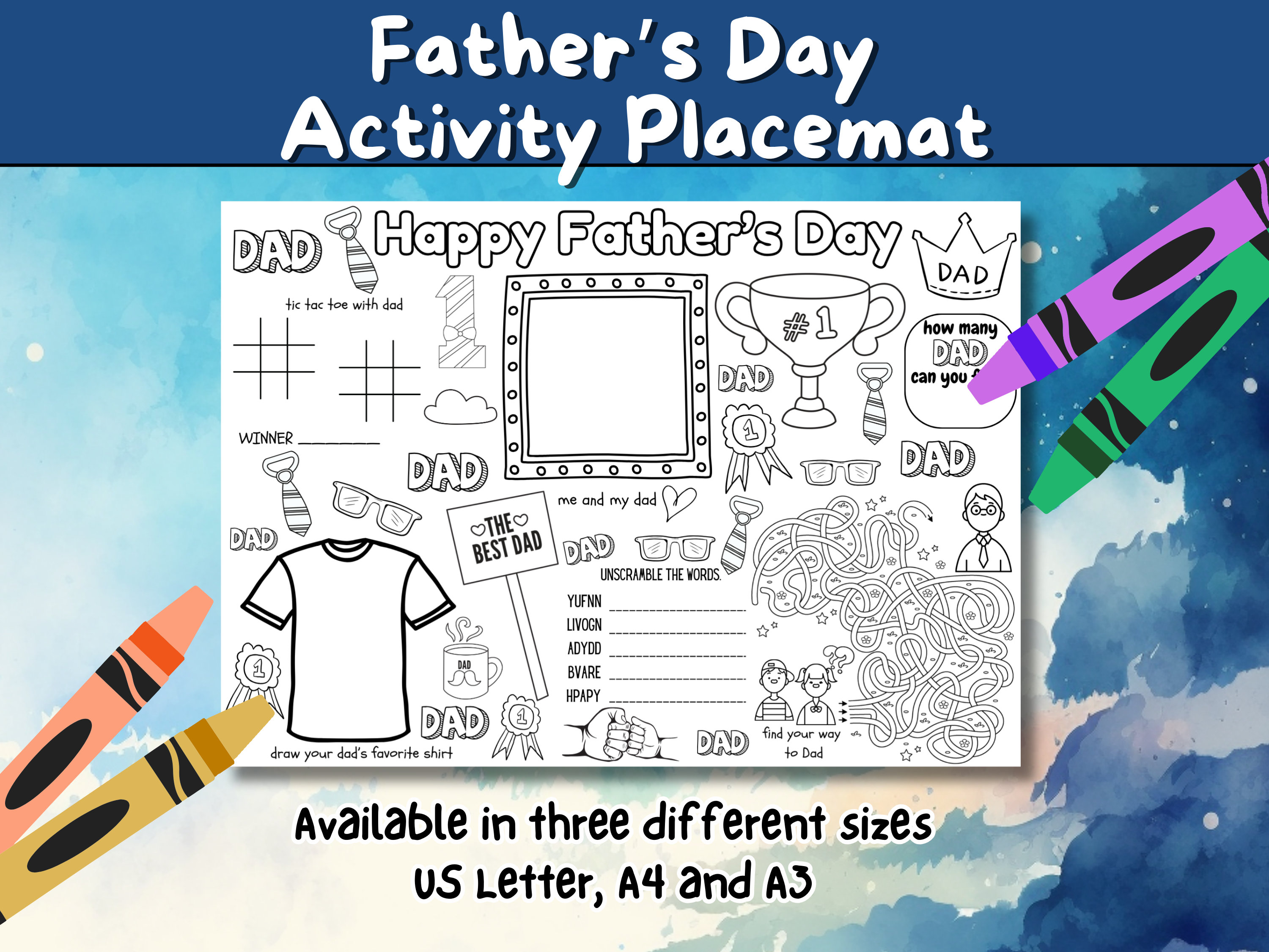 Father's Day Printable Coloring Placemat, Best Dad Celebration With ...