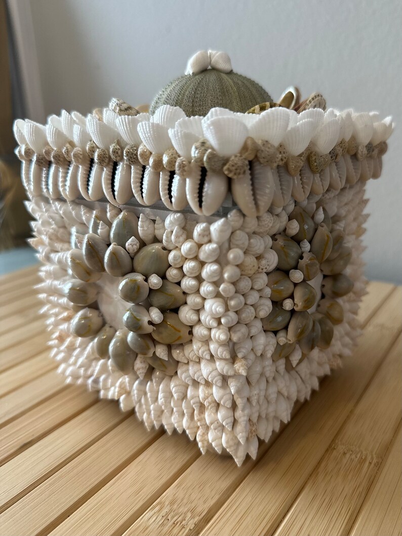 Small Custom White / Green Beachy Coastal Shell Jewelry Trinket Box Sea ...