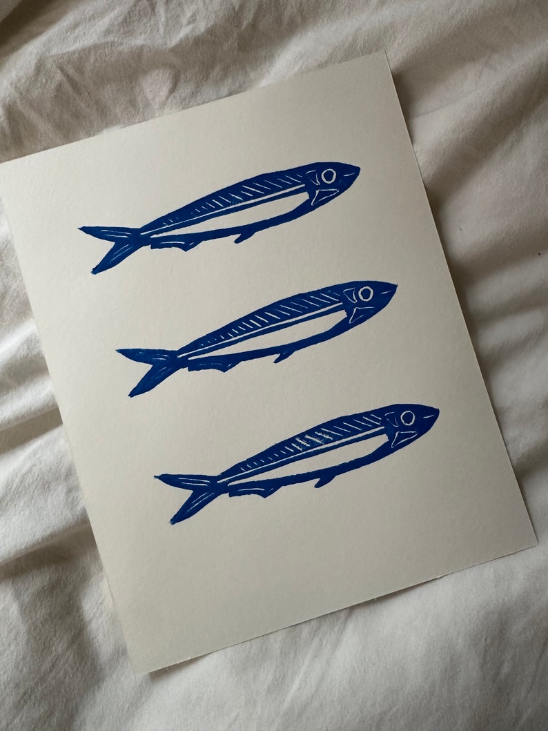 Handmade Sardine Linocut Print Set of Three Sardines Linocut Art Print ...