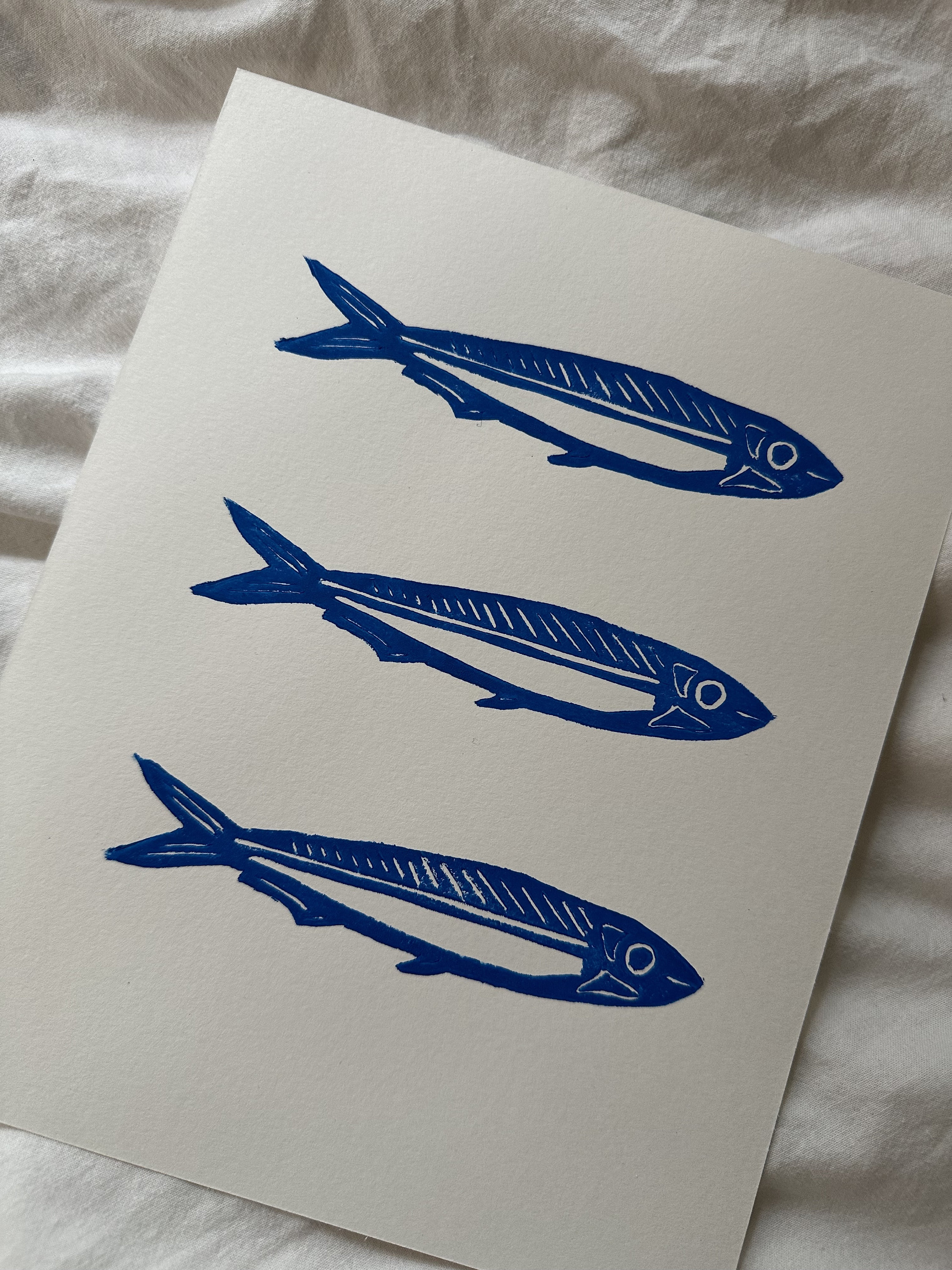 Handmade Sardine Linocut Print Set of Three Sardines Linocut Art Print ...