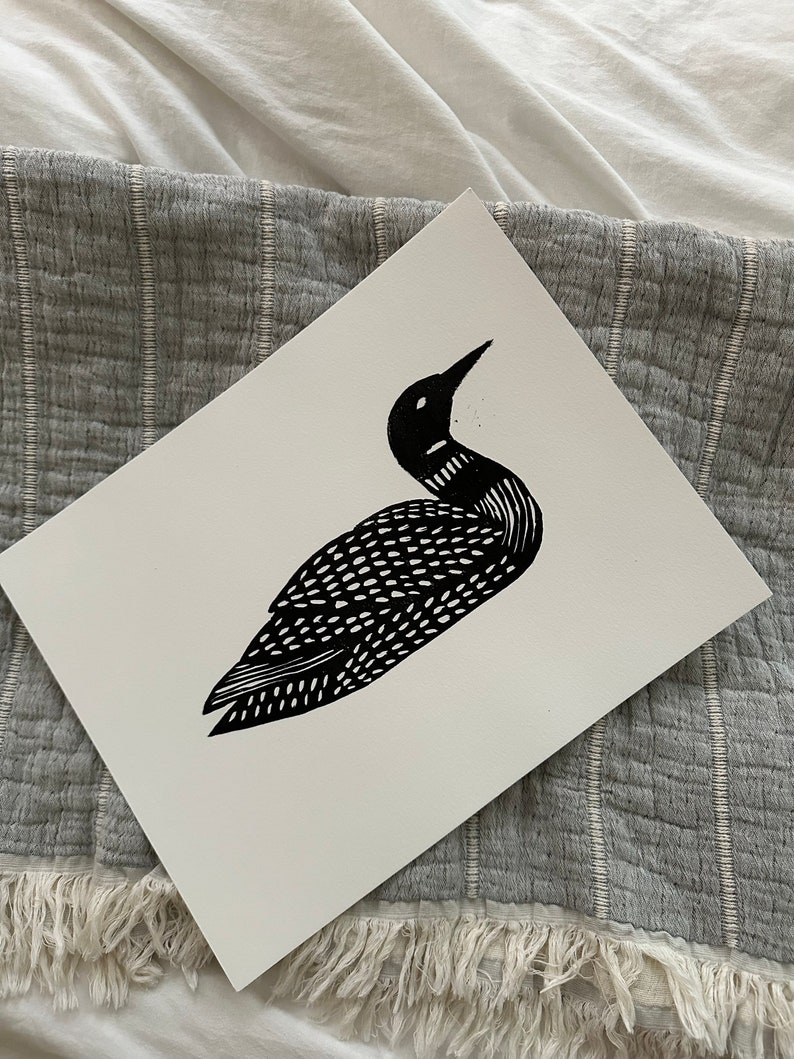 Handcut Loon Linocut Print for Coastal Decor Loon Handmade Art Print ...