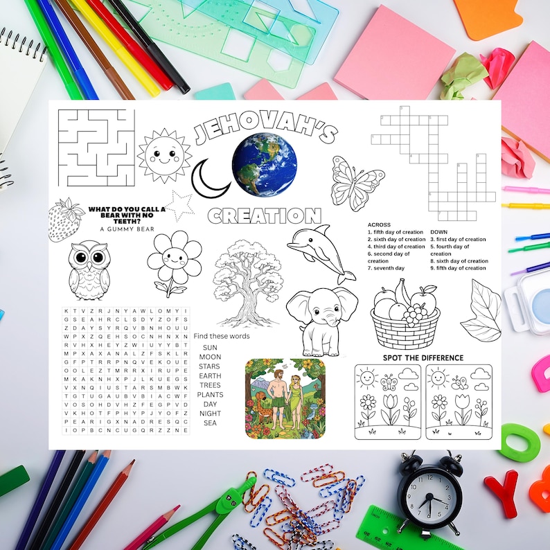 JW Creation Activity Mat Printable for Kids | Bible Creation Days ...