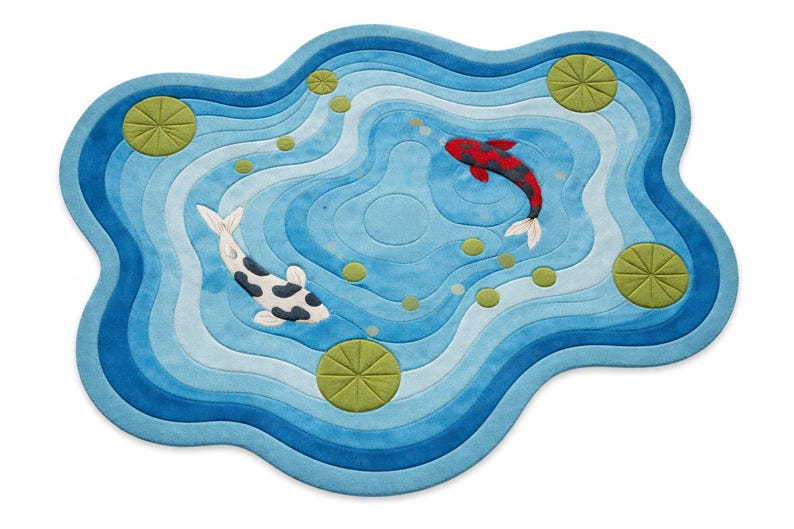 Koi Fish Pond Tufted Rug – Handmade Green New Zealand Wool Area Rug ...