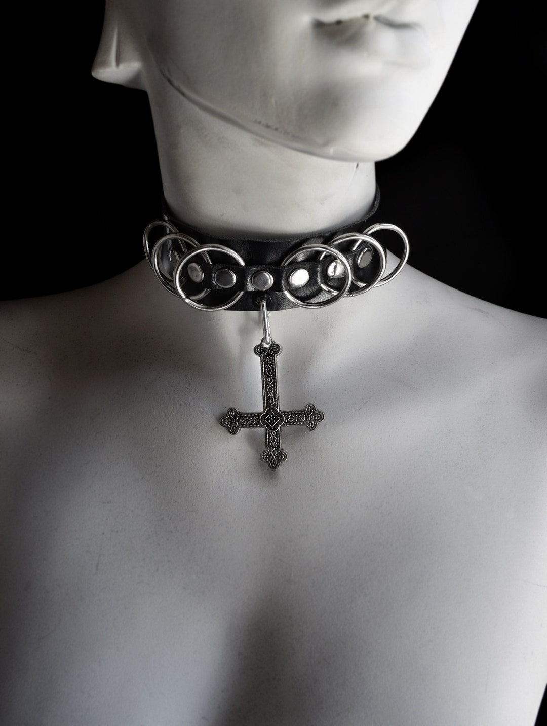 Choker O-ring Lucifer Sigil Vegan Leather Choker Satanic Inverted Cross ...