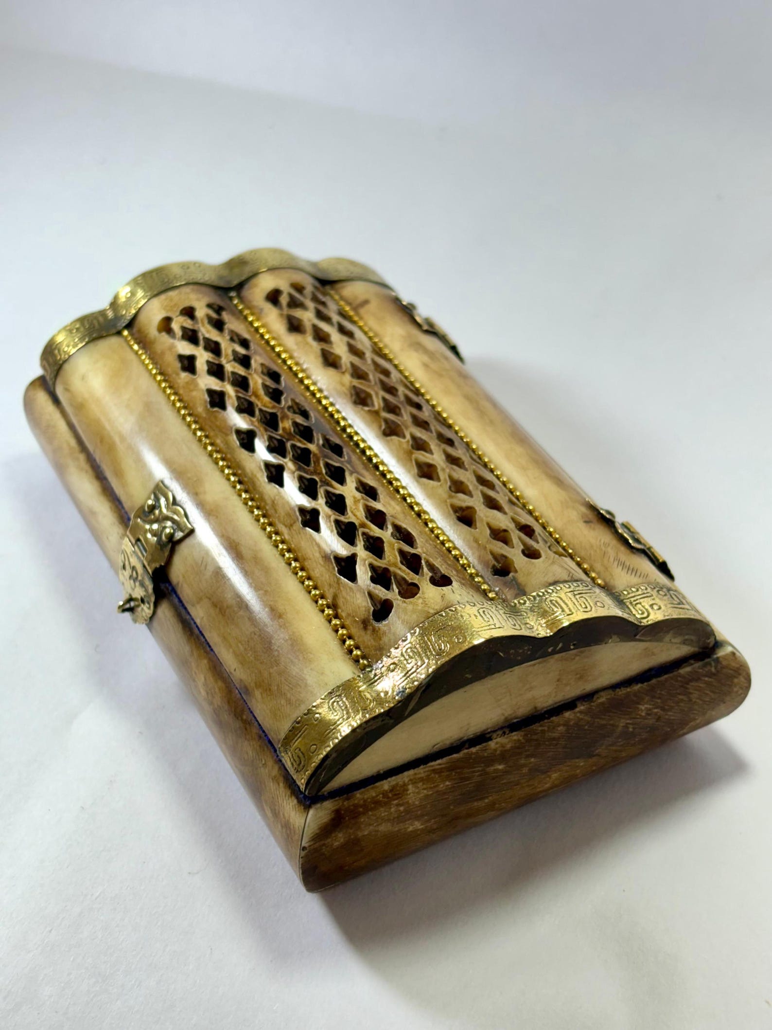 Vintage Hand-carved Bone Jewelry Box: Ornate Brass Accent Trinket ...
