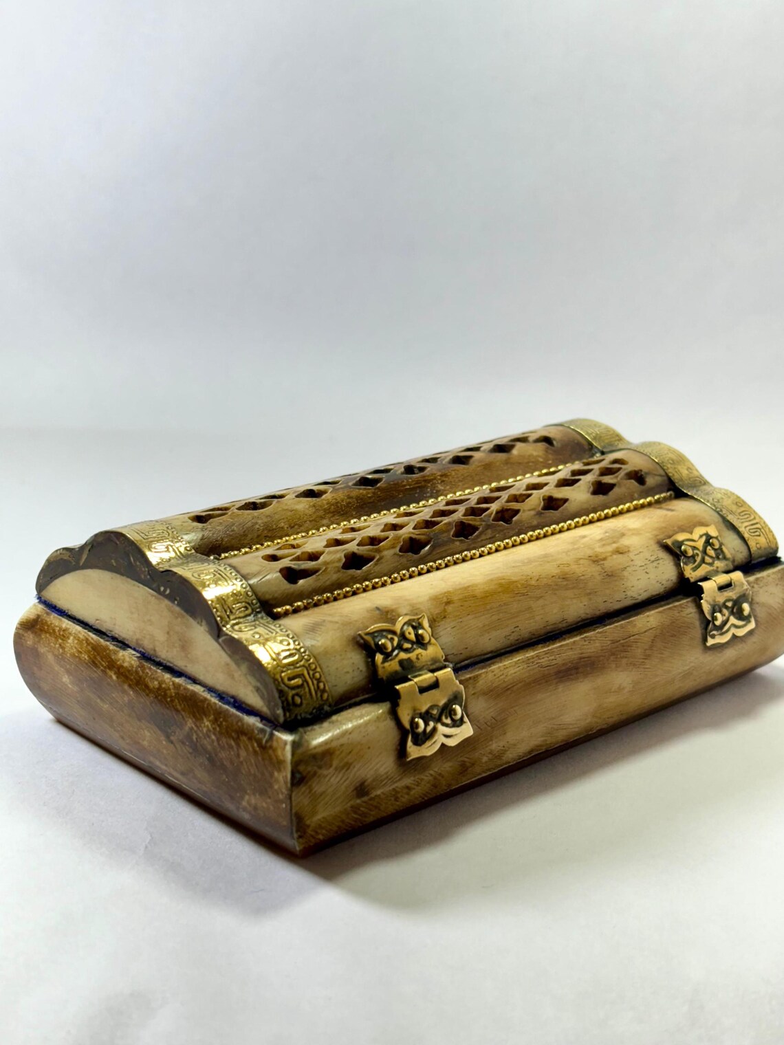 Vintage Hand-carved Bone Jewelry Box: Ornate Brass Accent Trinket ...