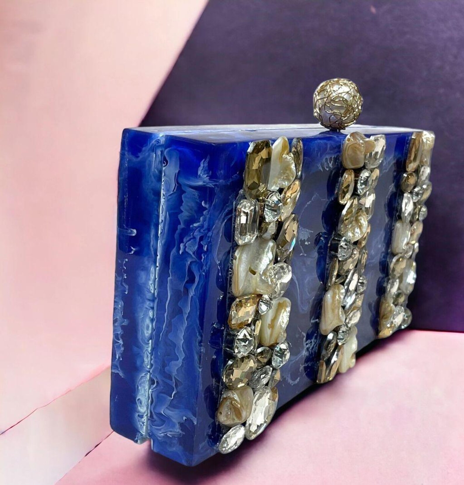 Blue Acrylic Bridal Clutch: Gold Floral Minaudiere, Crystal Embellished ...