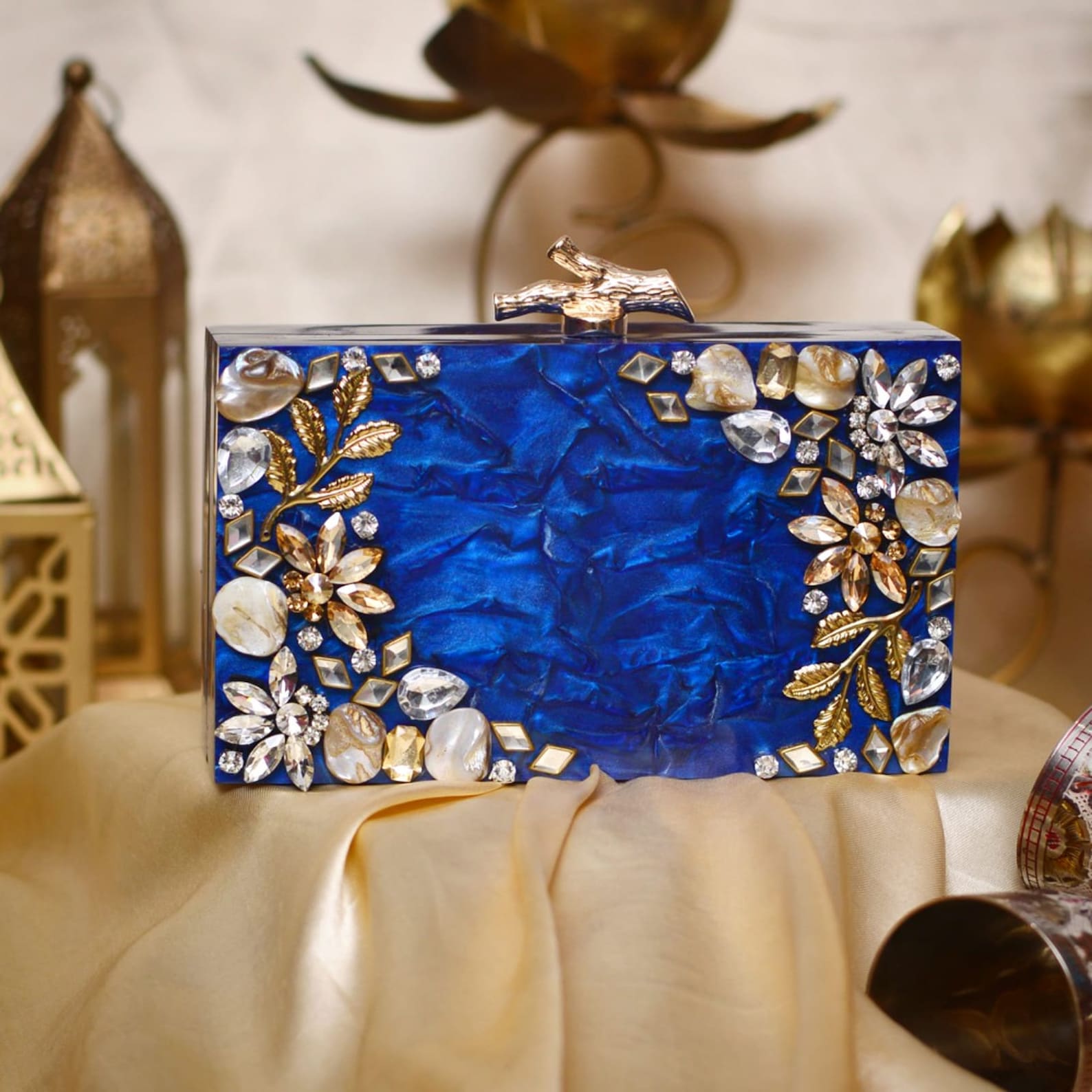 Blue Acrylic Bridal Clutch: Gold Floral Minaudiere, Crystal Embellished ...