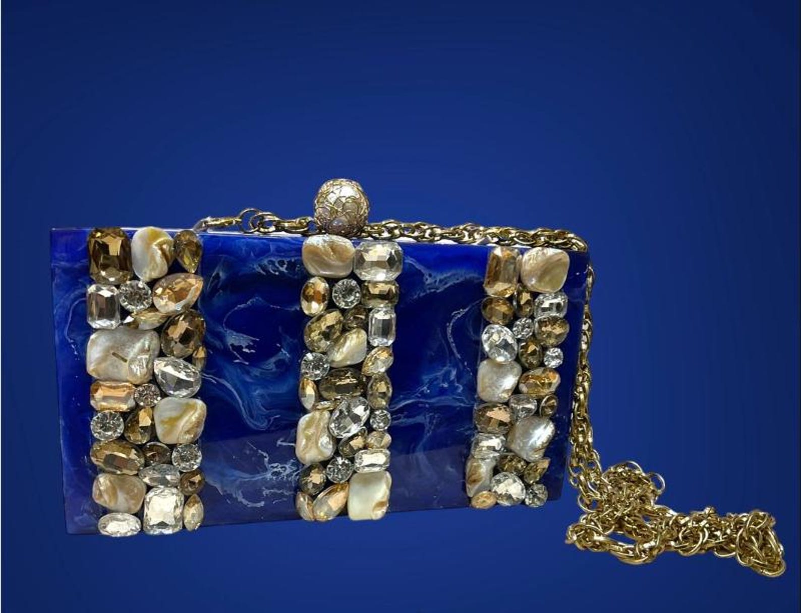 Blue Acrylic Bridal Clutch: Gold Floral Minaudiere, Crystal Embellished ...