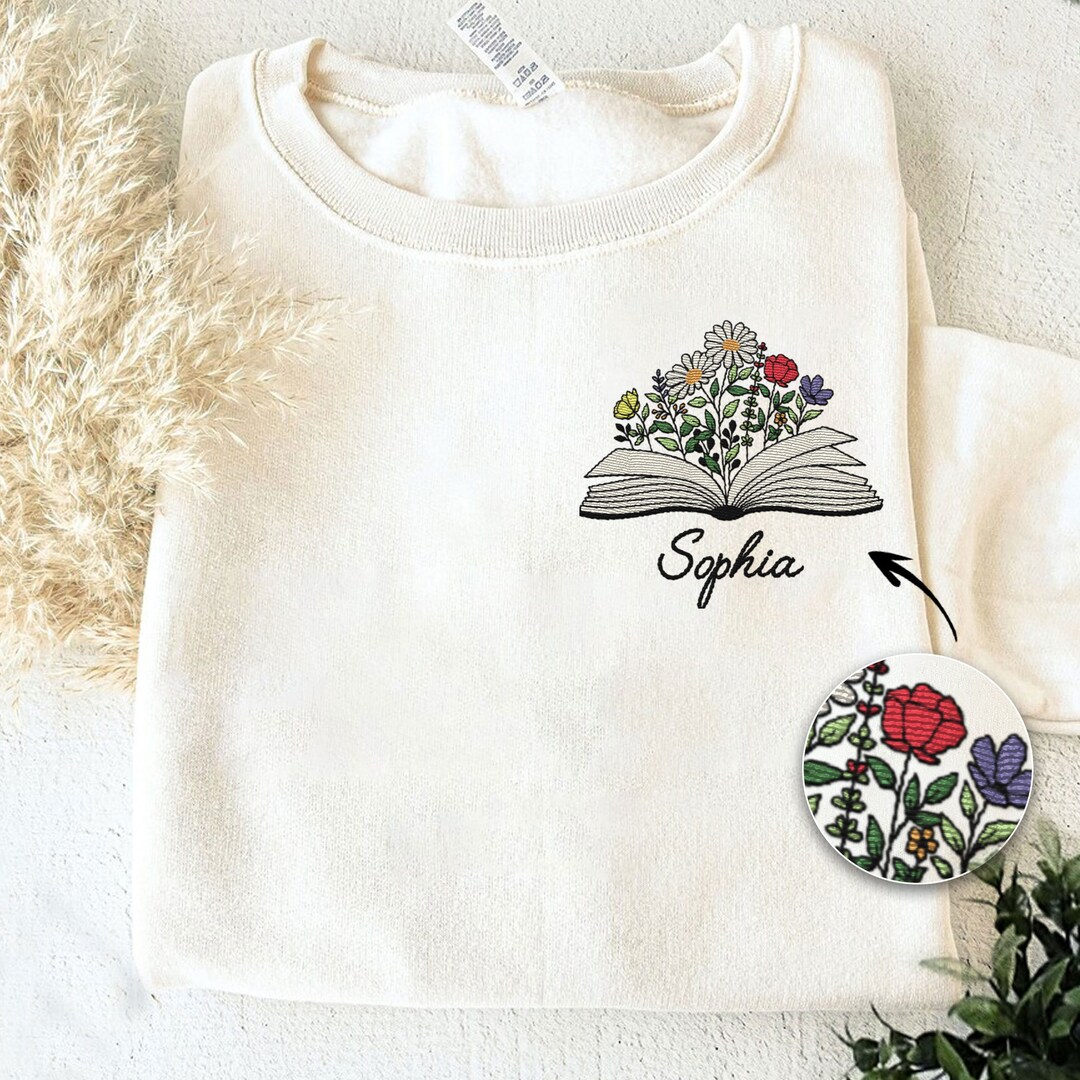 Custom Book Embroidered Sweatshirt, Floral Book Embroidered Hoodie ...