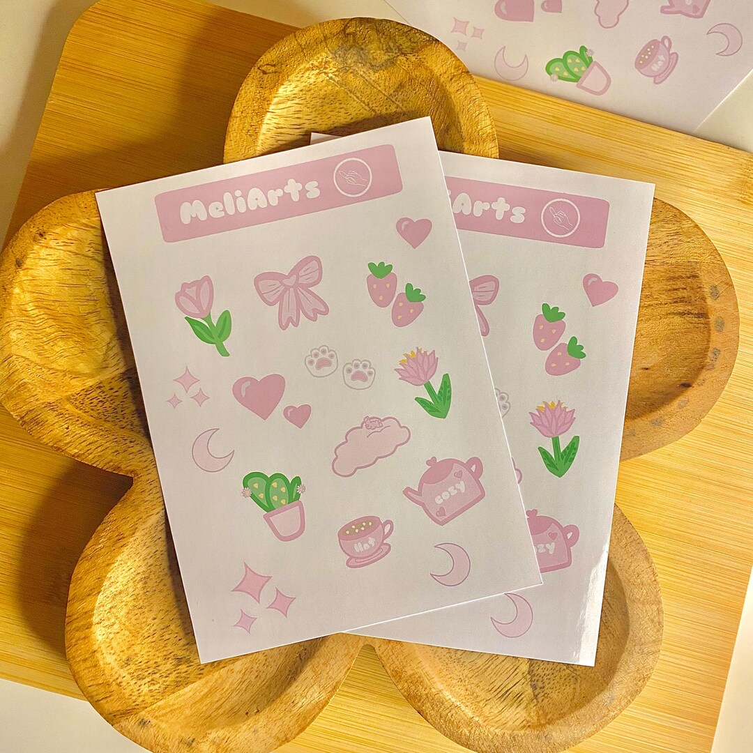 Cute Pink Girly Kawaii Themed Sticker Sheet for Laptops, Covers ...