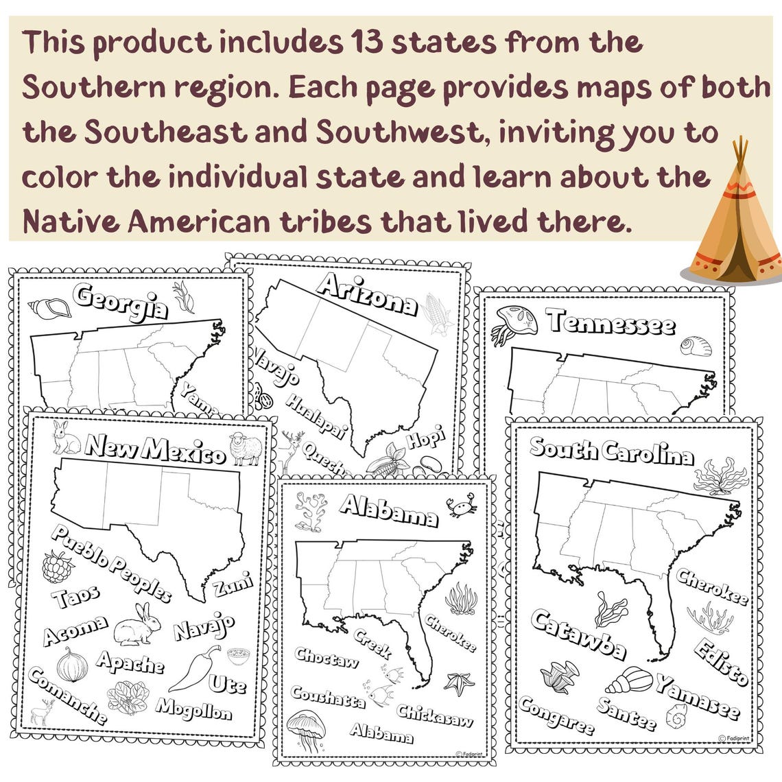 Native American Coloring Pages Map US Southeast Southwest Regions ...