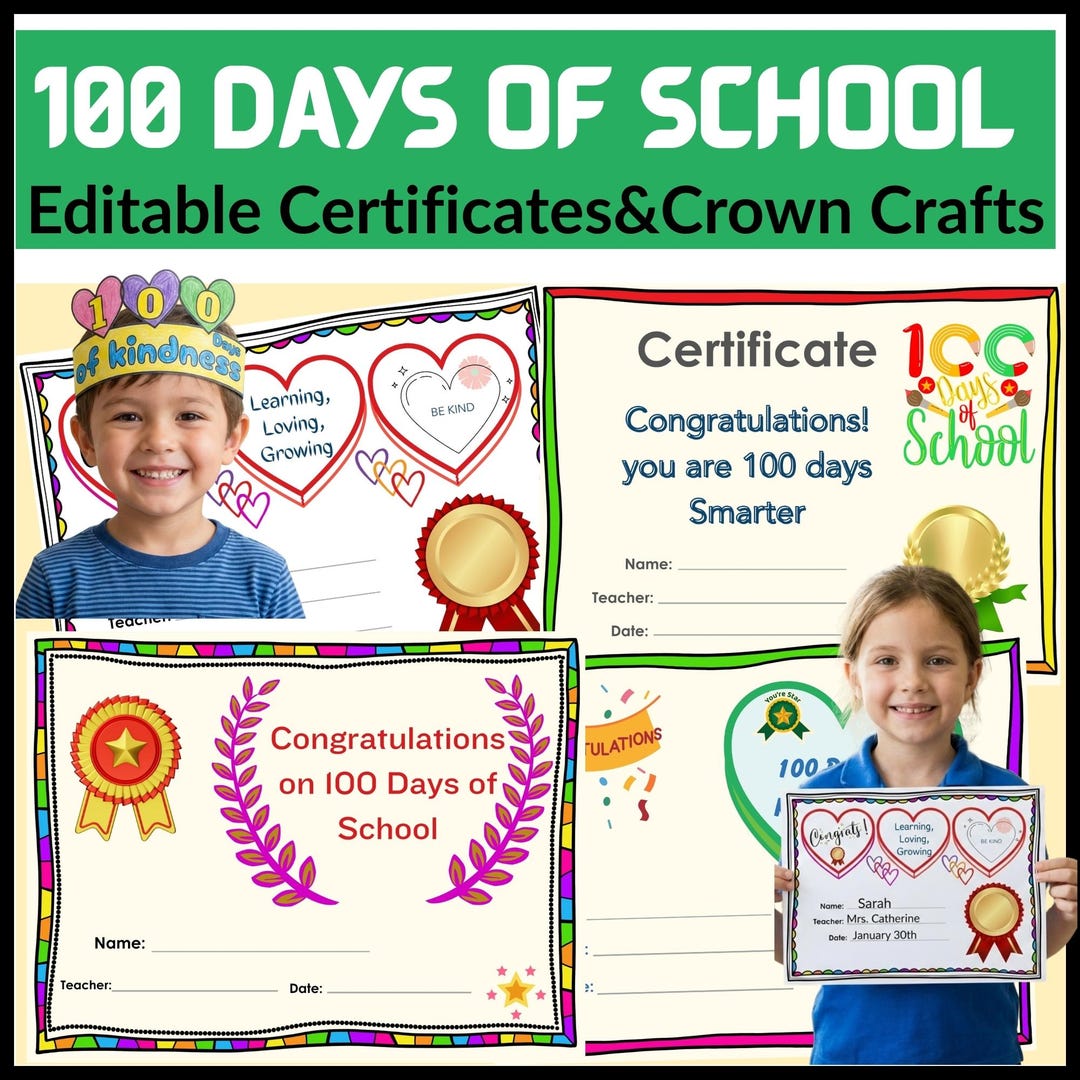Editable 100 Days of School Certificates Crafts | Kindness Week ...