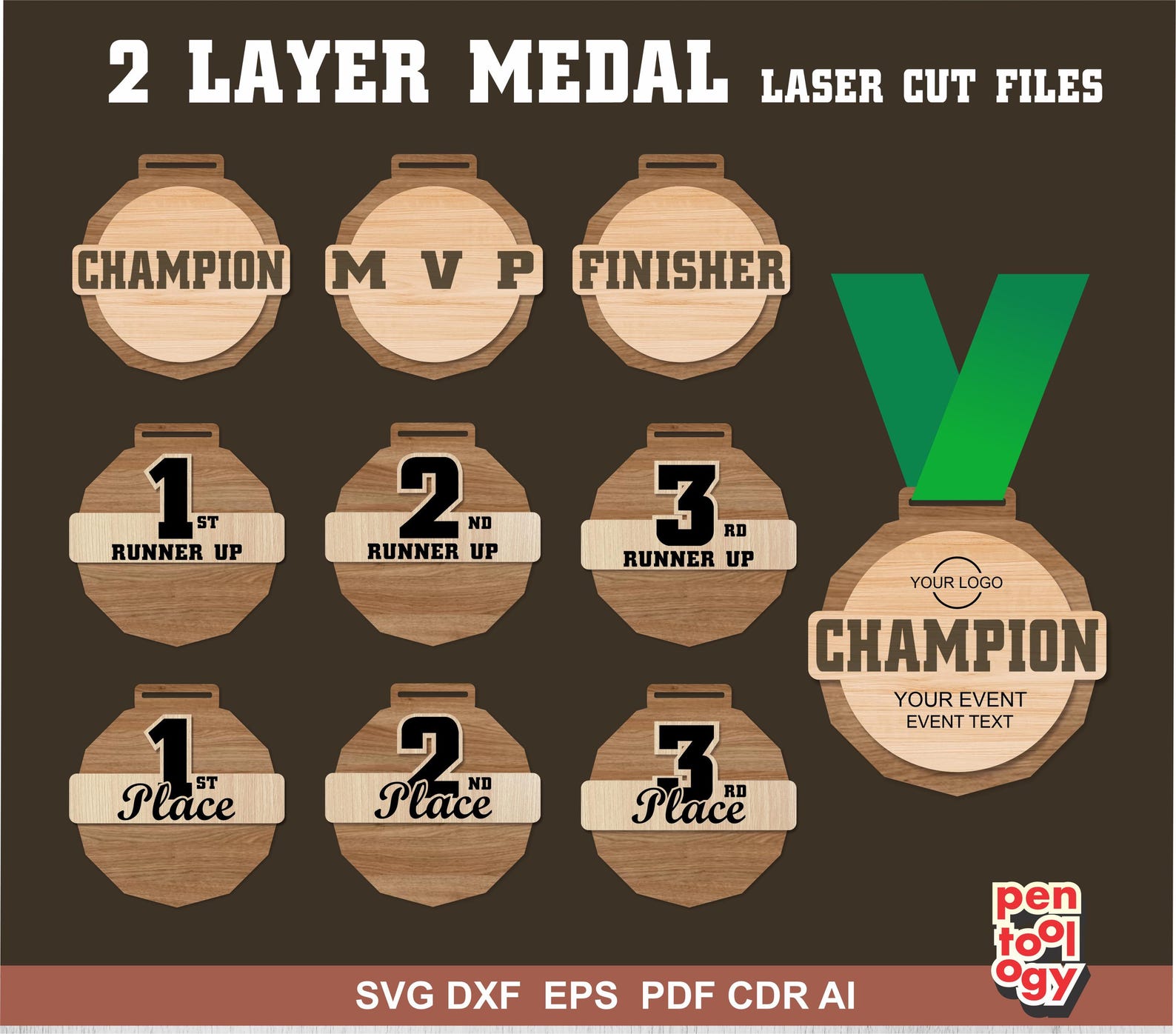 Wooden Award Medal Laser Cut File: Champion, Runner up (SVG, DXF, PDF ...