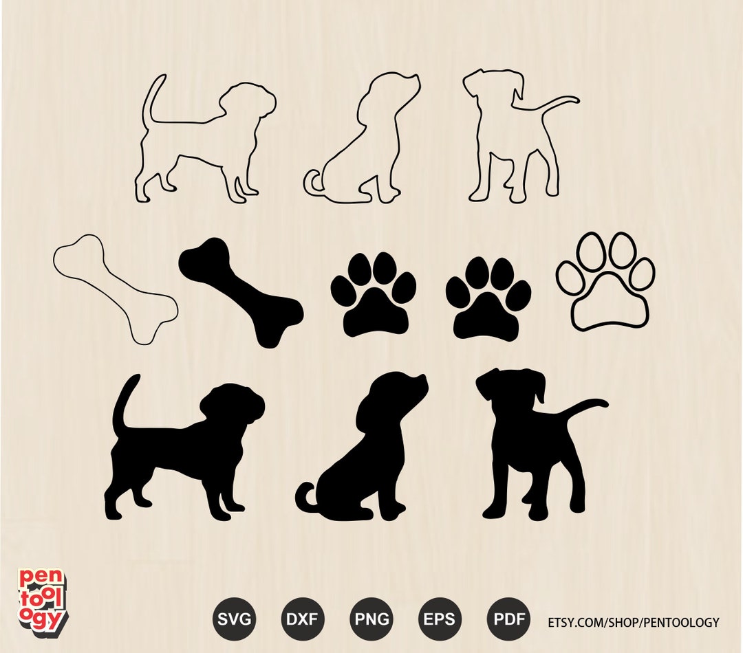 Dog Silhouette Svg, Dog Outline Vector, Dog Paw Prints Digital Clipart ...